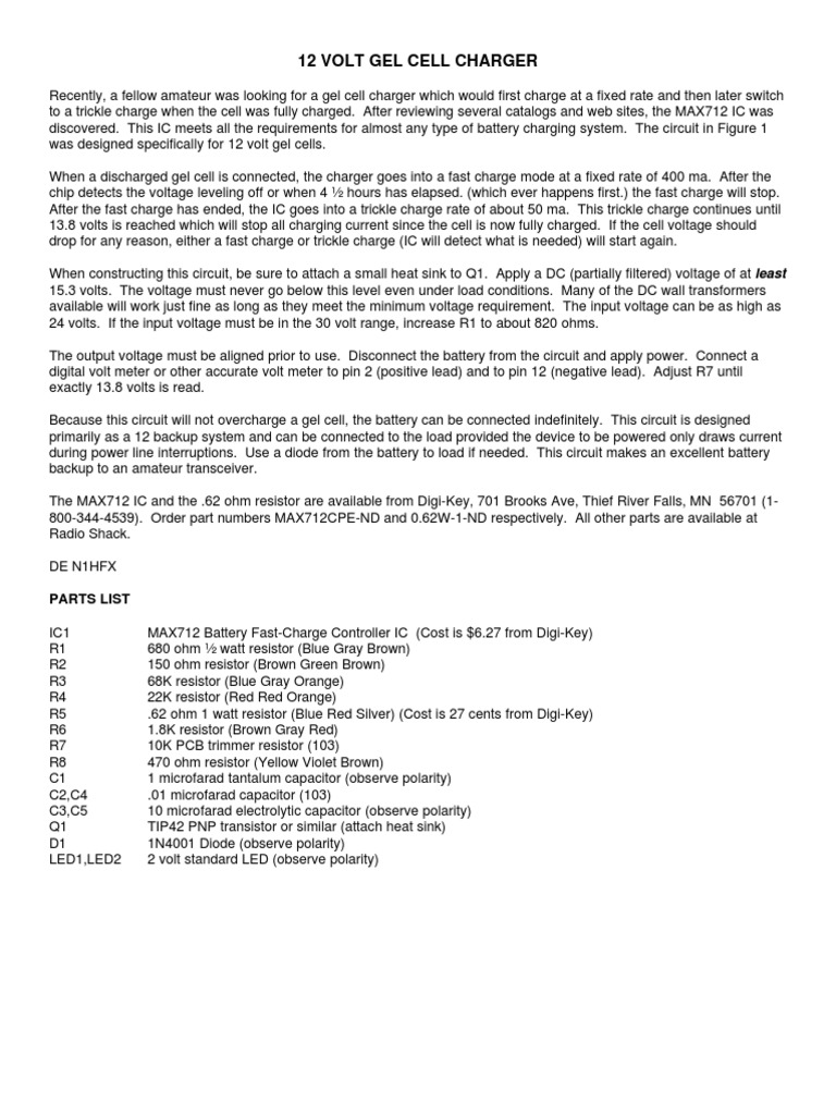 Circuit Design for a 12 Volt Gel Cell Charger Using the MAX712 IC for ...