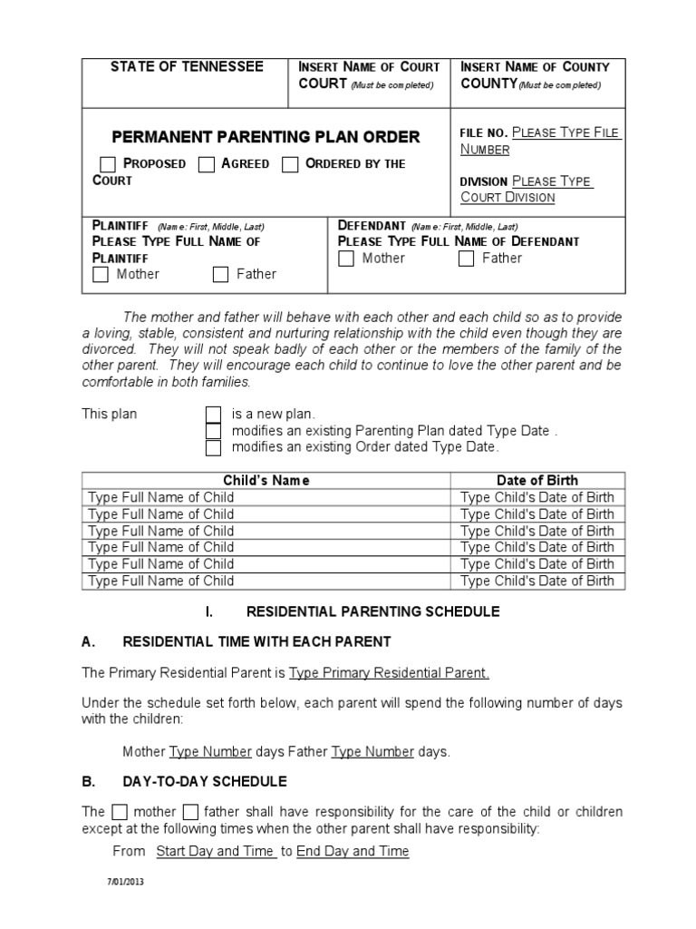 Permanent Parenting Plan Order: State of Tennessee I N C Court I N C ...