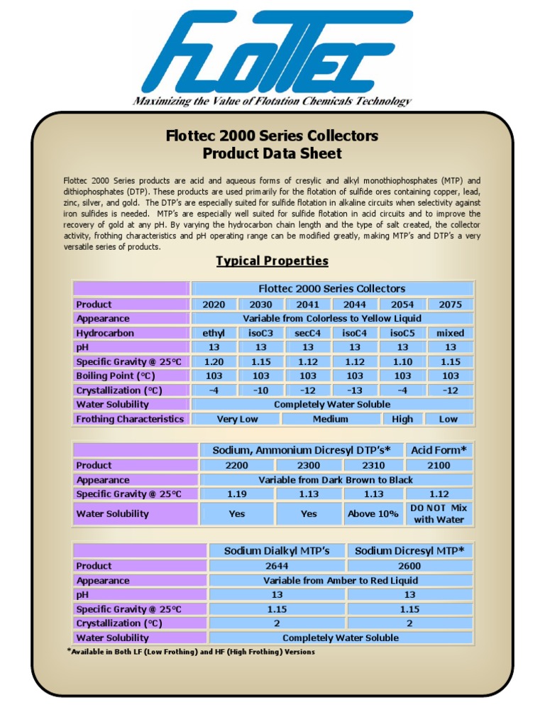 Flottec 2000 Series Collector Product Data Sheet | PDF | Sulfide | Atoms
