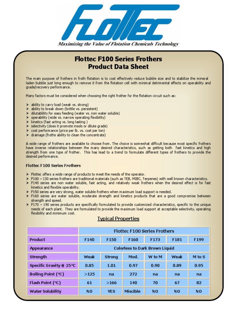 Flottec F100 Series Frothers Overview | PDF | Materials | Chemistry