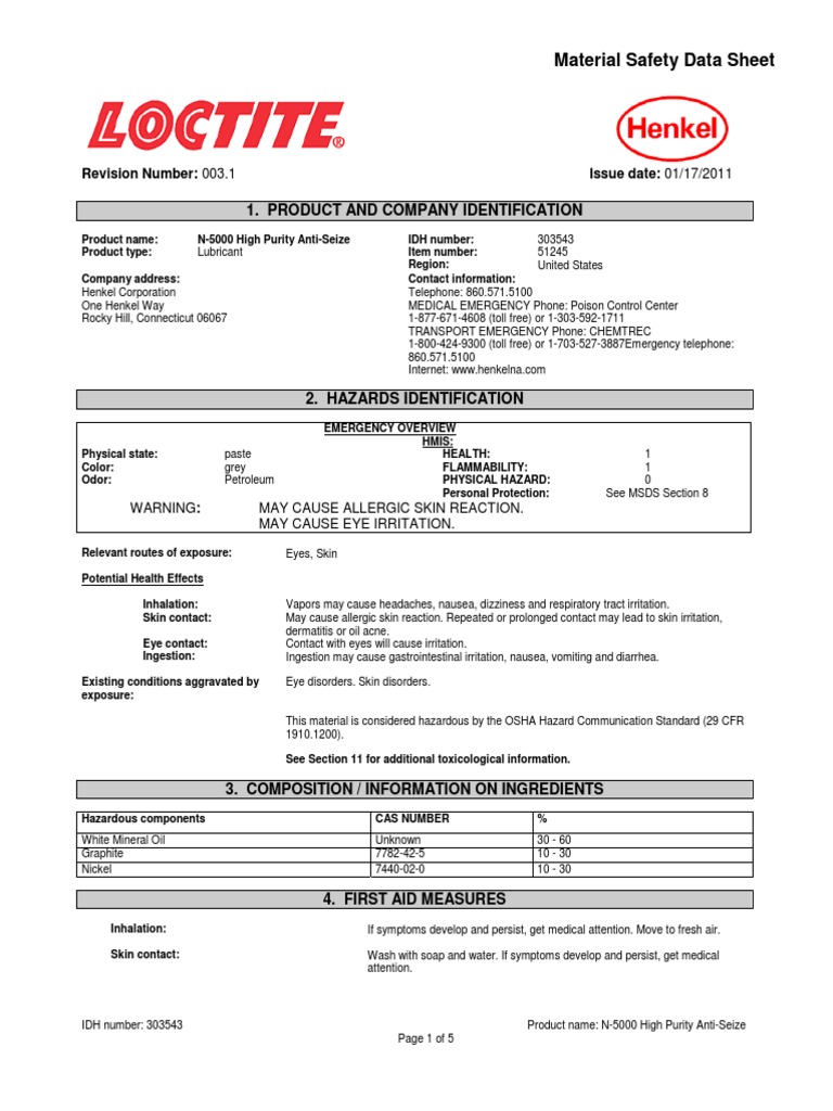 Loctite Nickel High Purity MSDS | PDF | Dangerous Goods | Hazardous Waste