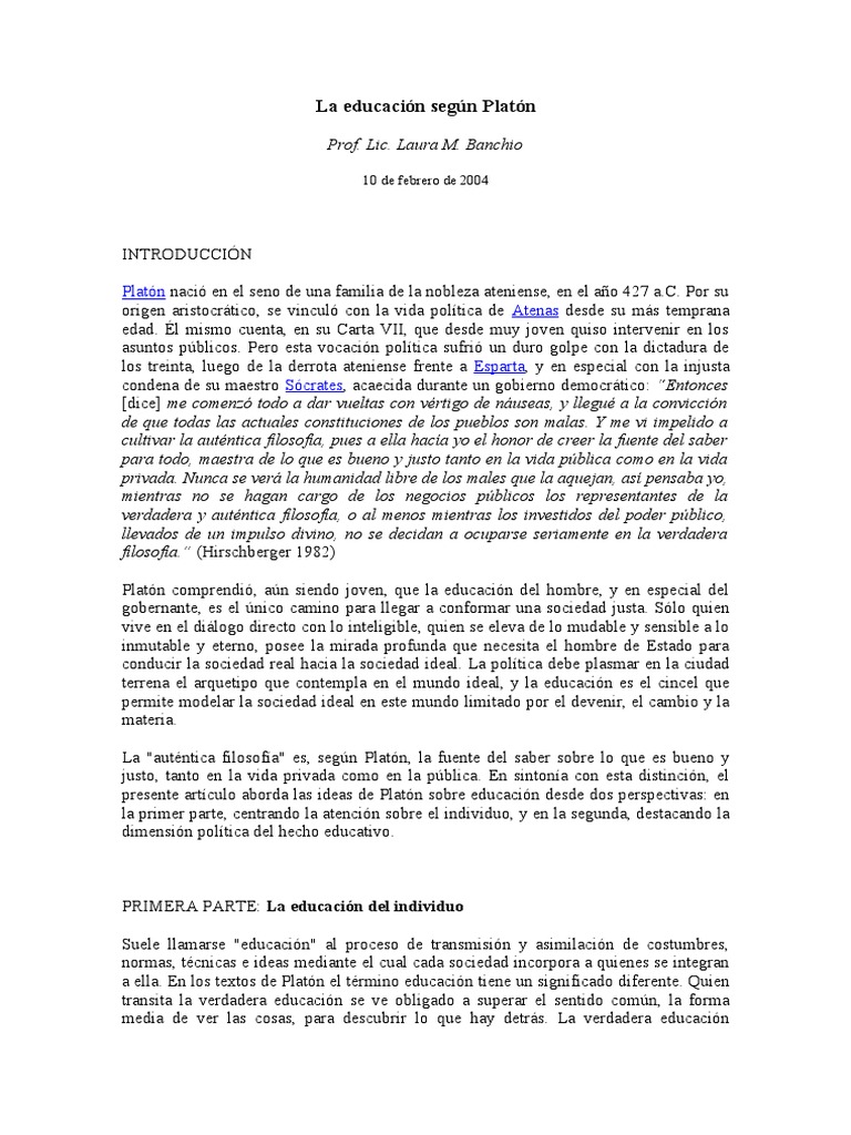 La Educacion Segun Platon | PDF | Platón | Estado (política)