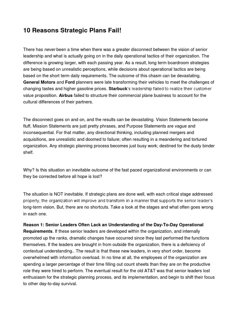 10 Reasons Strategic Plans Fail | PDF | Strategic Planning | Leadership