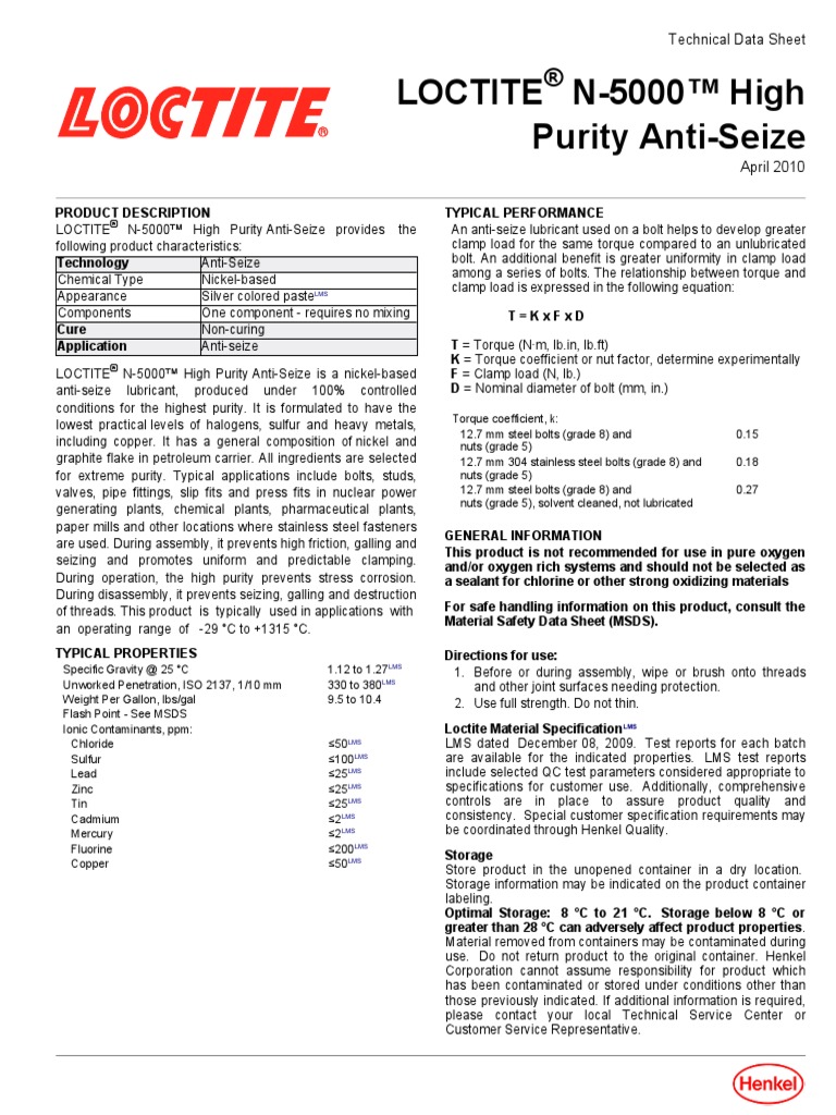 Loctite Nickel High Purity N-5000HPAS-En | PDF | Trademark | Chemistry