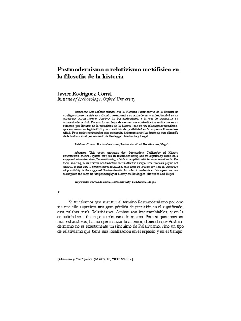 Postmodernismo o Relativismo Metáfisico en La Filosofía de La Historia ...