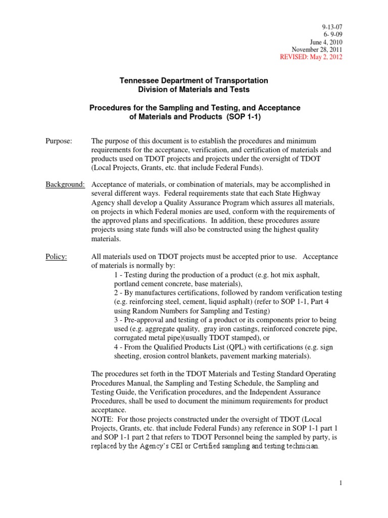 Sampling and Testing Procedures For Materials & Products For ...