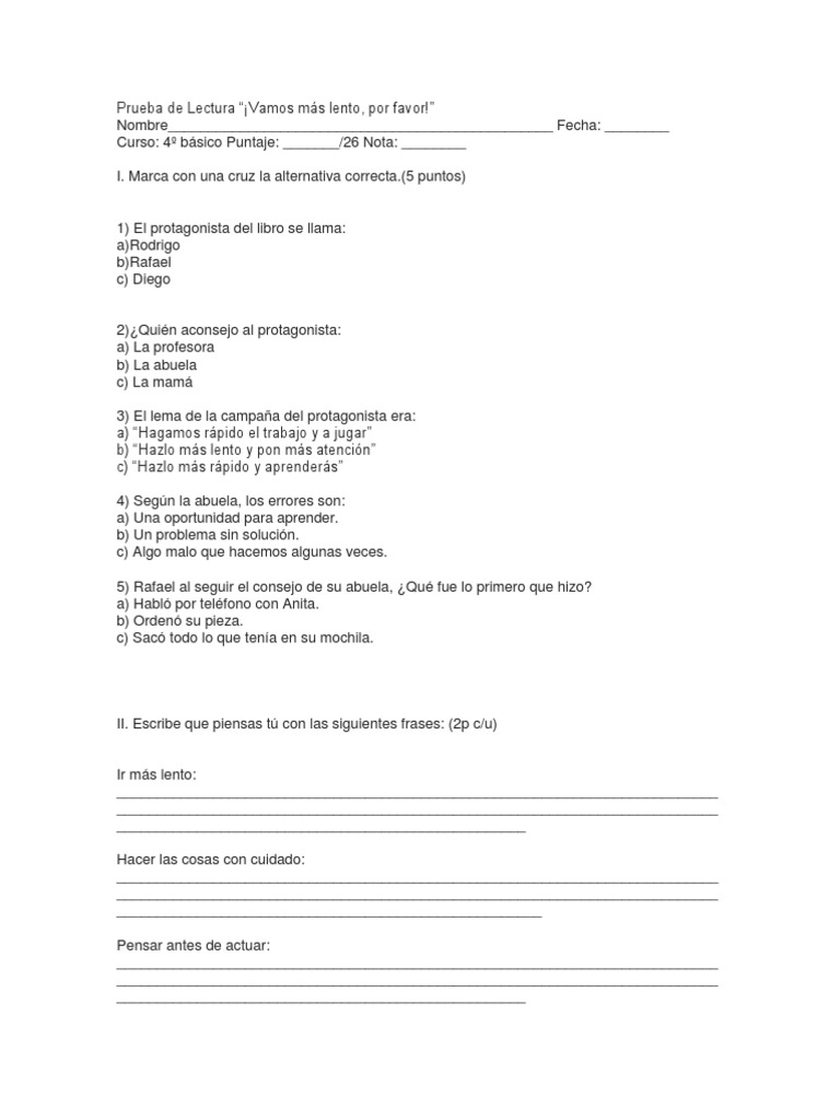 Prueba de Lectura: Vamos Más Lento, Por Favor | PDF | Relaciones ...