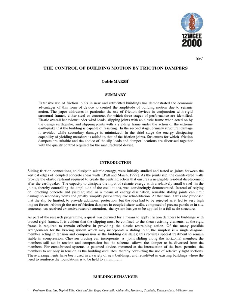 The Control of Building Motion by Friction Dampers: Cedric MARSH | PDF ...