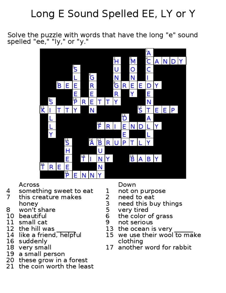 Crossword Long E Sound Spelled EE LY or Y Answer Key | PDF