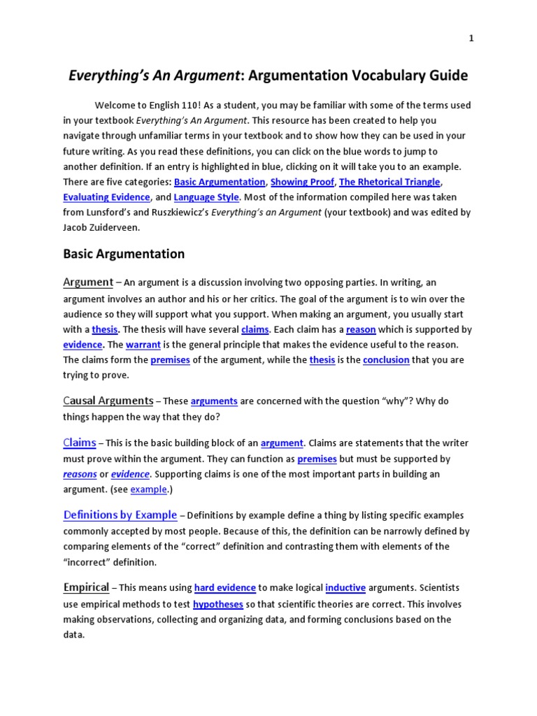 English 110 Argumentation Terms Handout | PDF | Argument | Reason