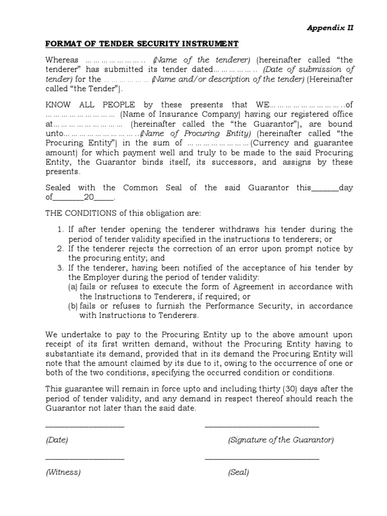Format for Tender Security Instrument