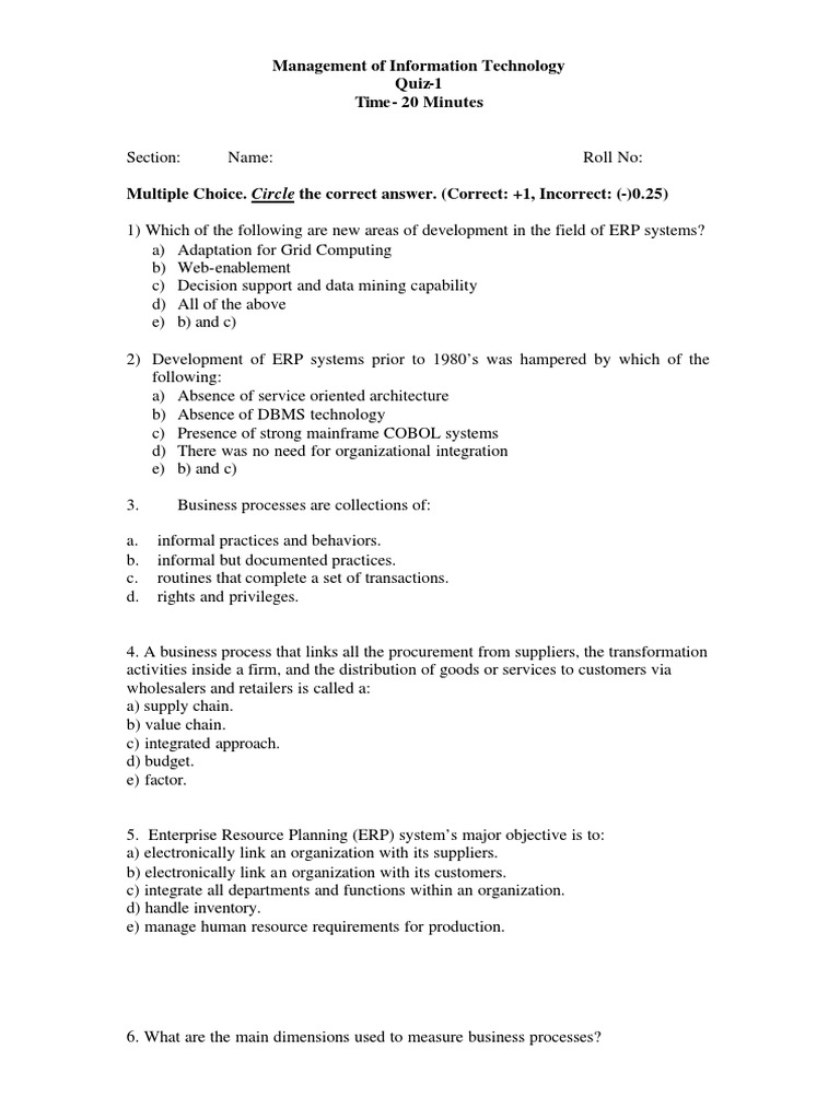 Management of Information Technology Quiz-1 Time-20 Minutes | Download ...