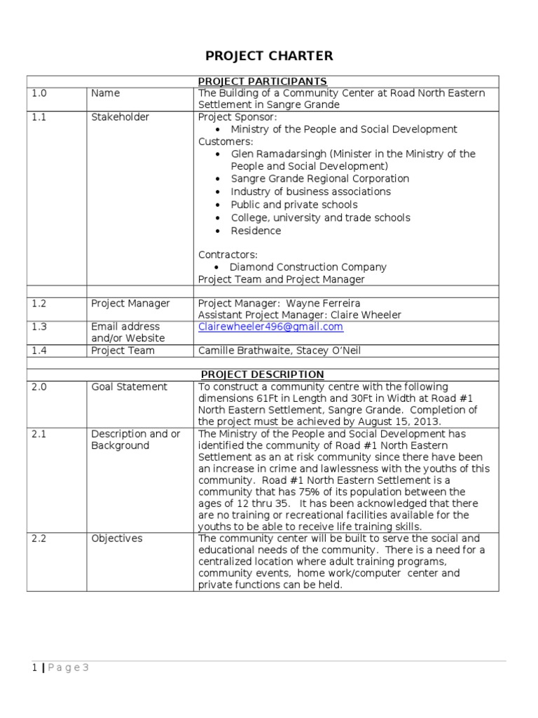 Community Center Project Charter | PDF | Project Manager | Economic Sectors