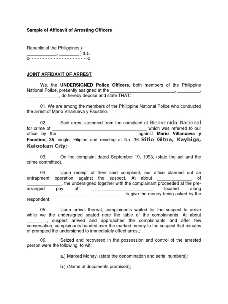 Affidavit of Arrest Example | Affidavit | Misconduct