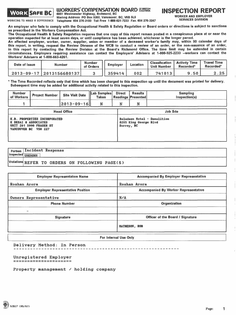 WorkSafeBC Inspection Report: K.B. Properties | Occupational Safety And ...
