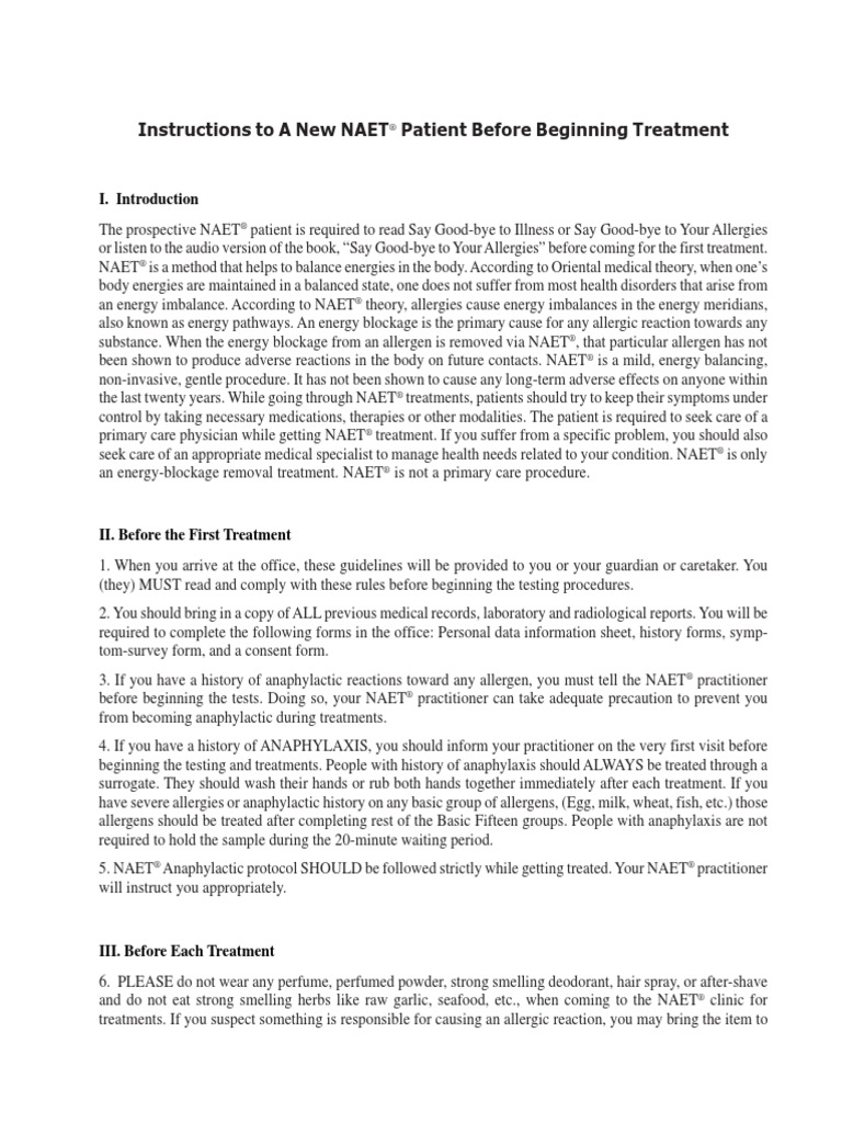 Instructions To NAET Patient Before Beginning Treatment | PDF ...