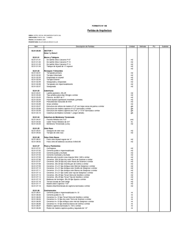 FORMATO 14B - Partidas Arquitectura | PDF | Materiales de construcción ...
