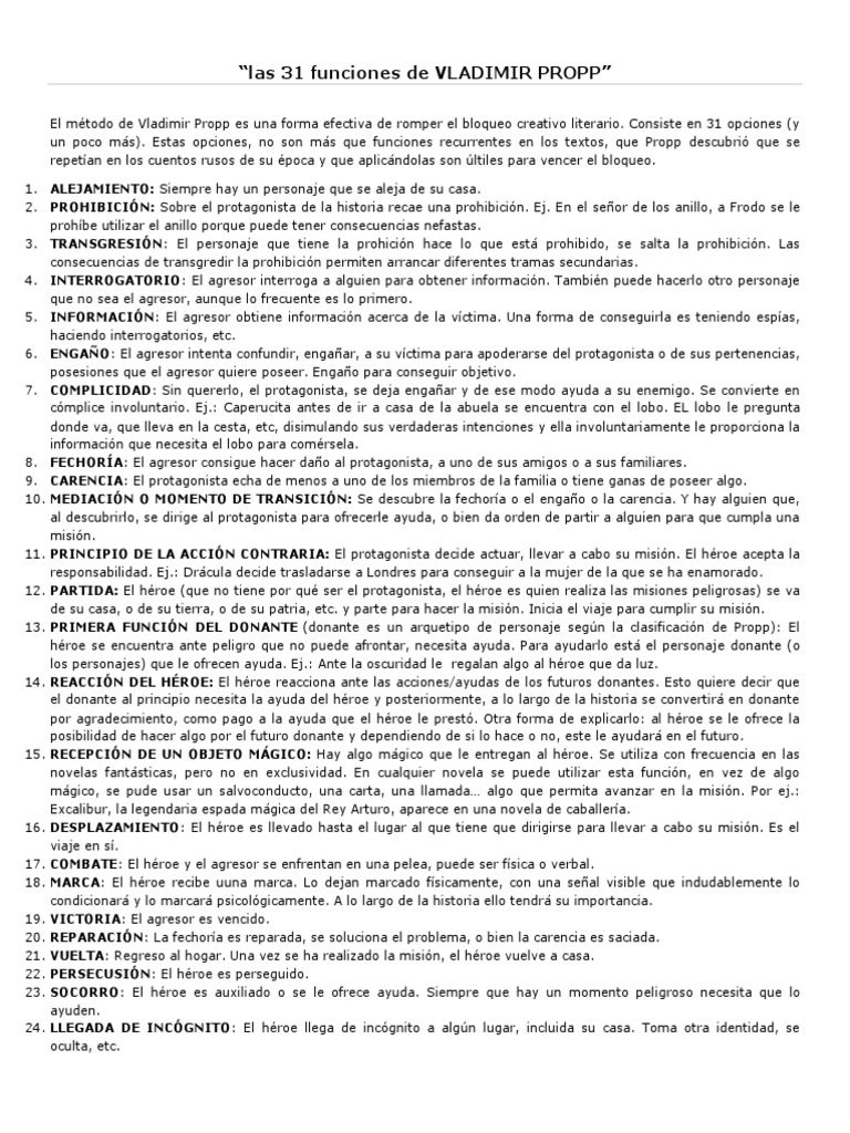 Las 31 Funciones de VLADIMIR PROPP | Descargar gratis PDF | Monje | Héroe