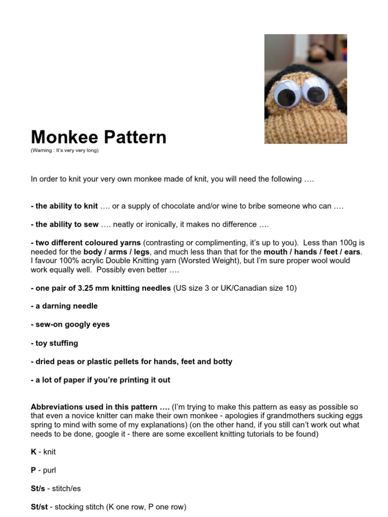 Monkee Pattern | PDF | Knitting | Needlework