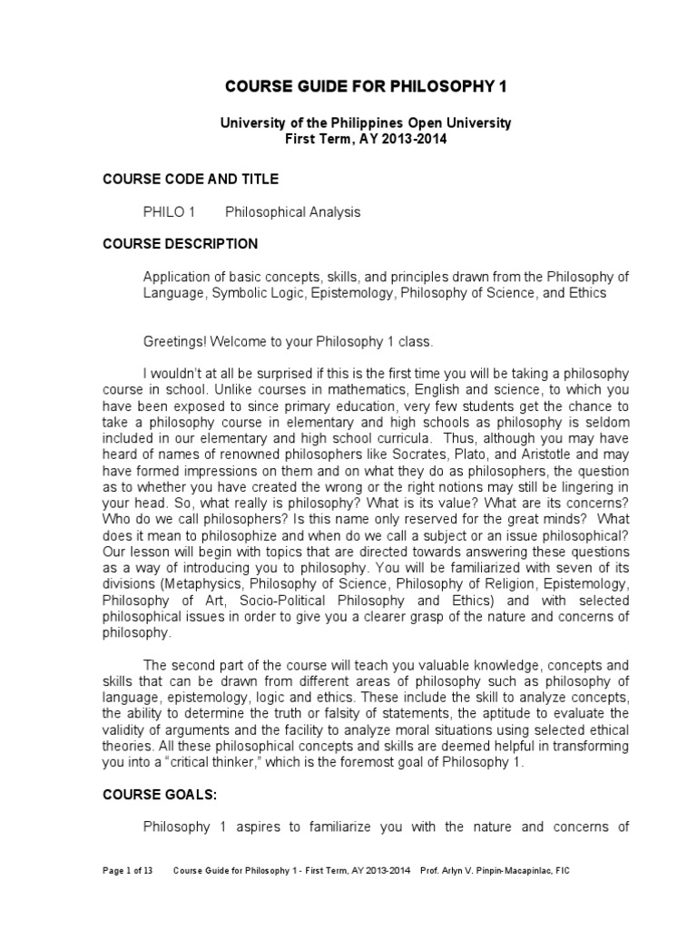Philo 1 Course Guide FT 2013 | PDF | Logic | Argument