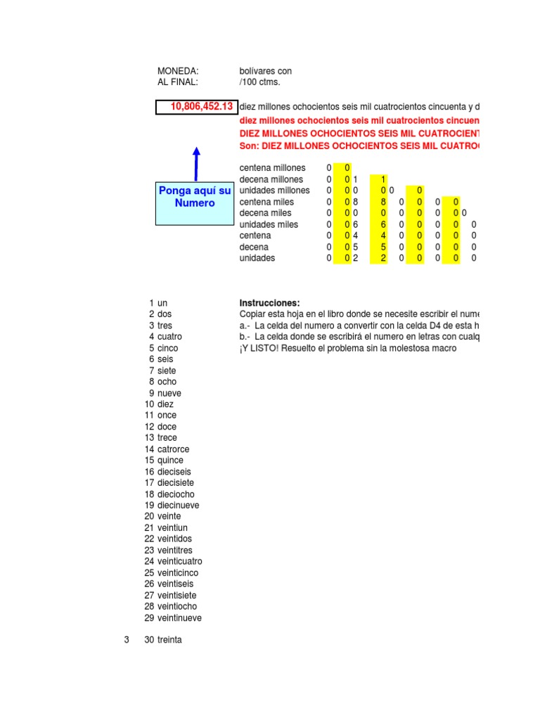 Instrucciones para convertir un número a letras en español | PDF