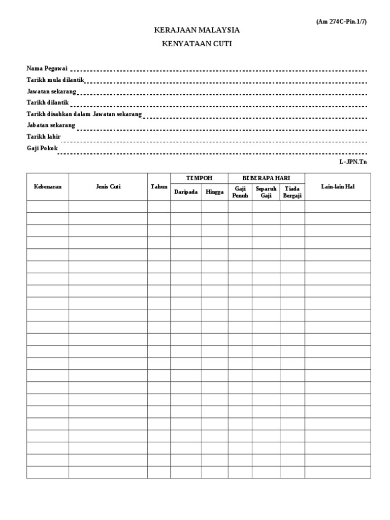 Kenyataan Cuti Am 274C 2013 | PDF