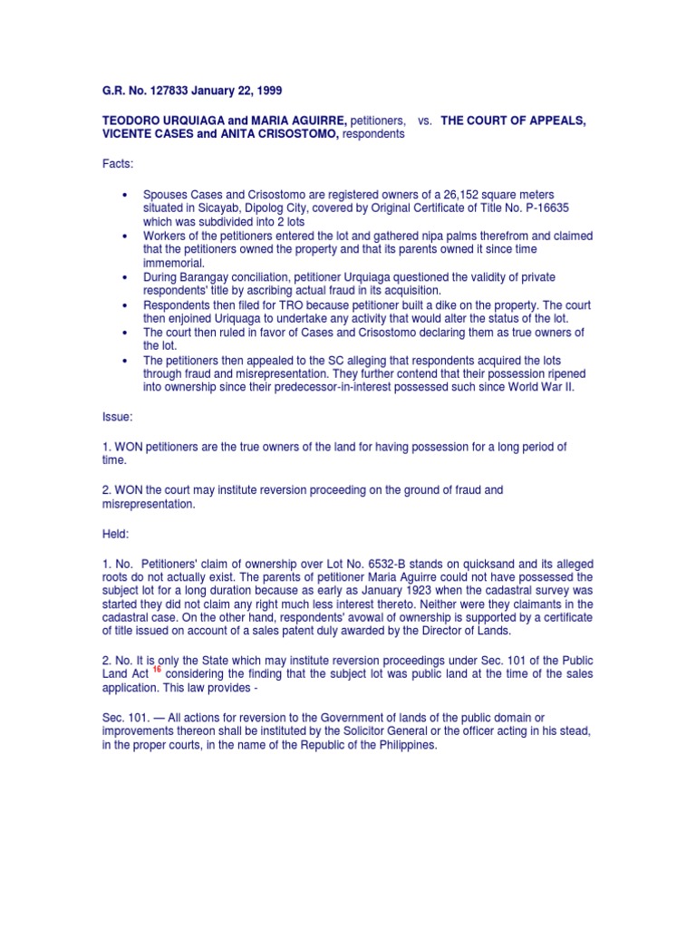 Urquiaga Vs CA - Predecessor in Interest and Reversion Proceeding | PDF ...