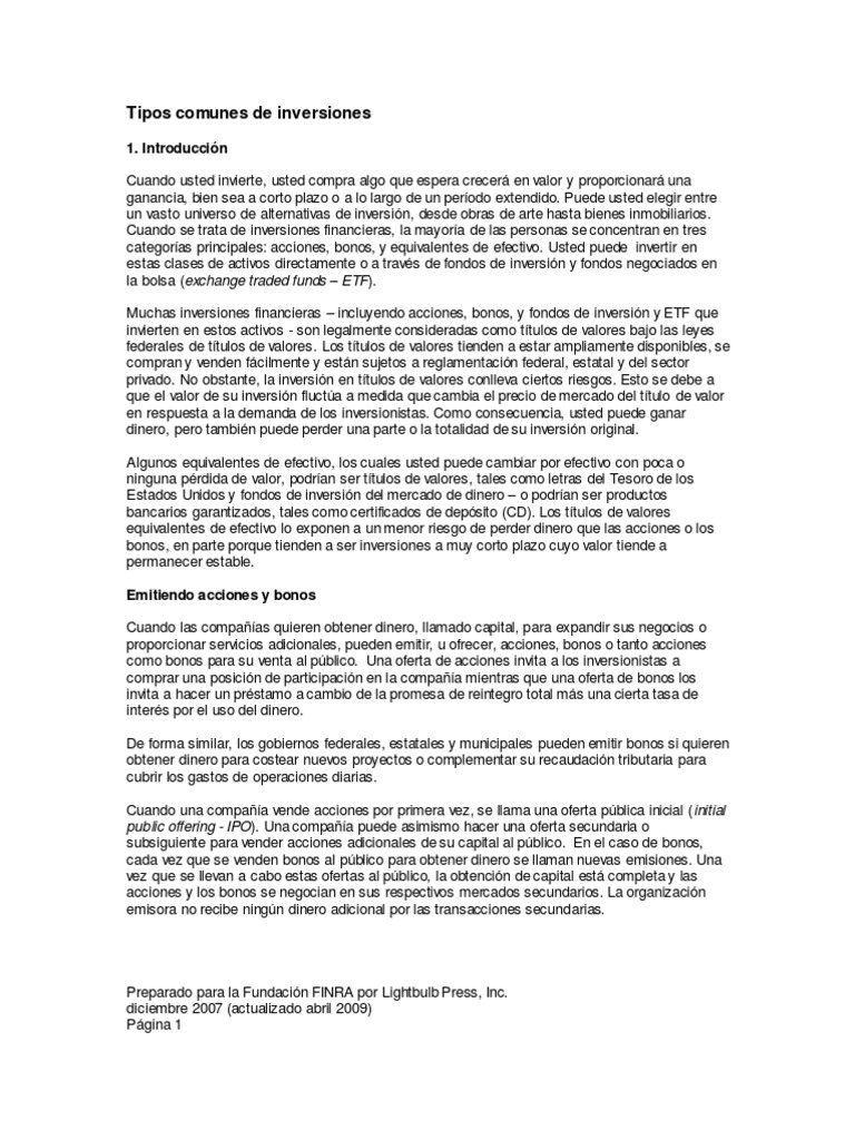 Tipos Comunes de Inversiones | PDF | Compartir (Finanzas) | Beneficio (economía)
