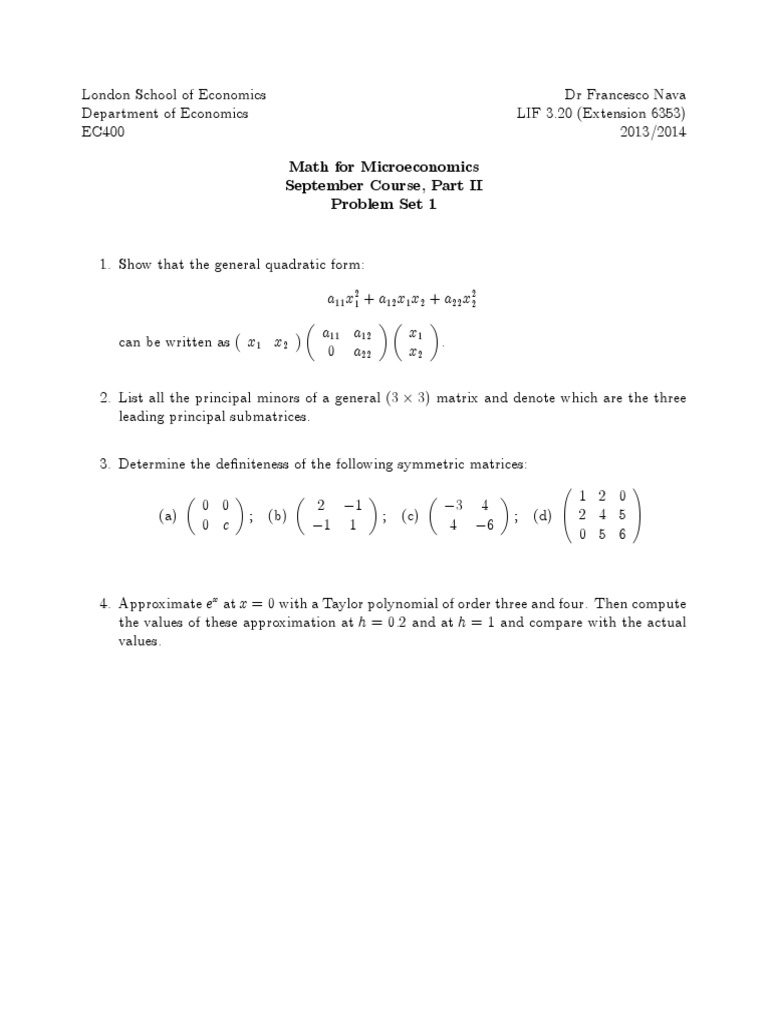 EC400 Problem Sets | PDF | Matrix (Mathematics) | Functions And Mappings