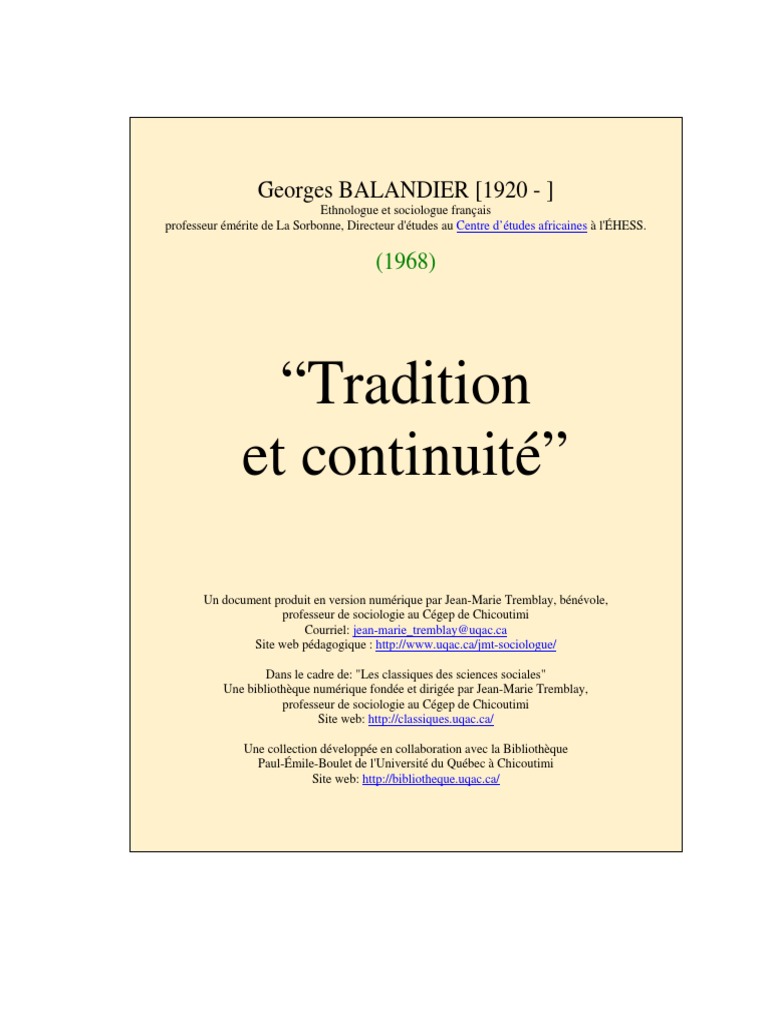 Balandier, Georges - Tradition Et Continuité | PDF | Révolutions ...