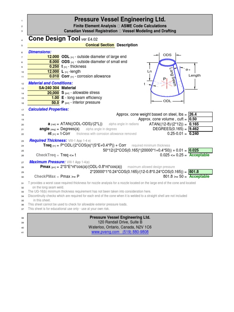 Cone Design Tool: Pressure Vessel Engineering LTD | PDF