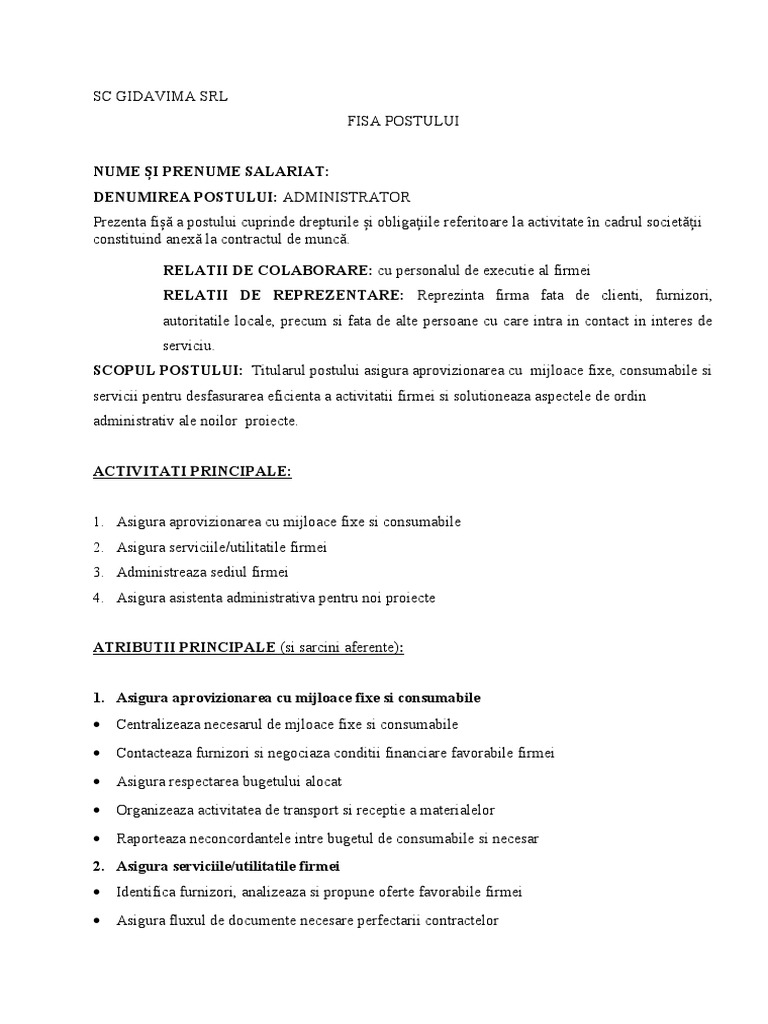Fisa Postului Administrator | PDF
