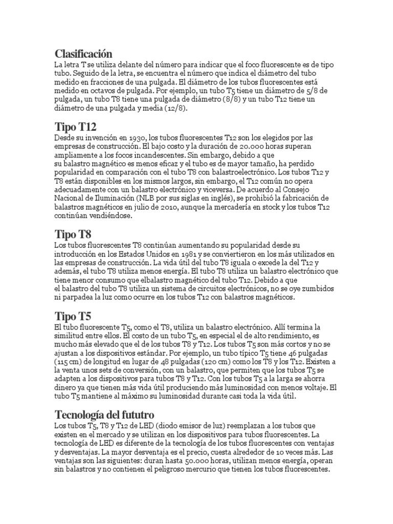 Clasificación DE LOS T - T12-T8-T5 | PDF | Fluorescencia | Diodo emisor de luz