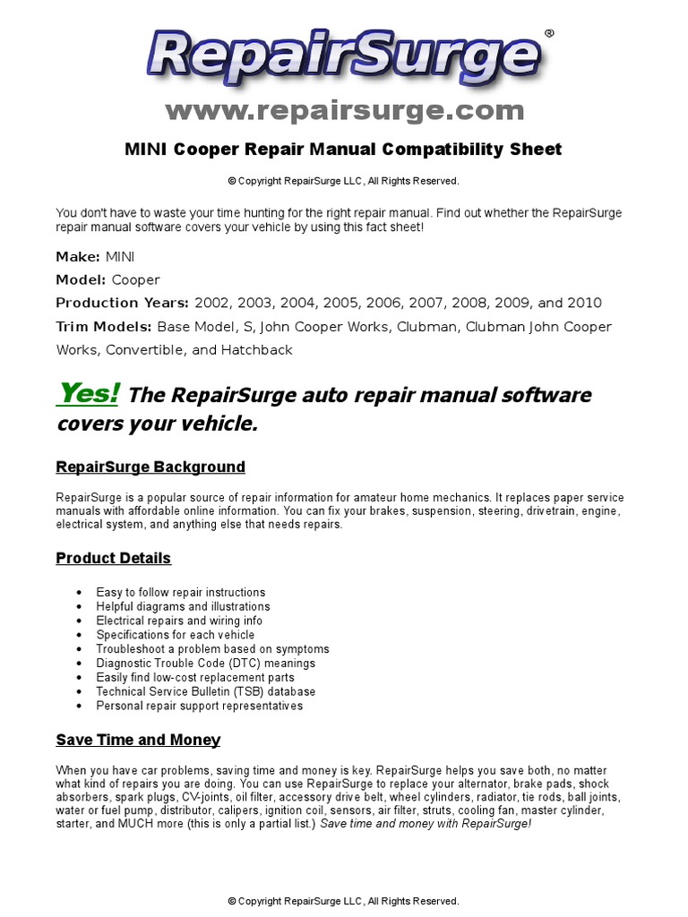 MINI Cooper Repair Manual - 2002, 2003, 2004, 2005, 2006, 2007, 2008 ...