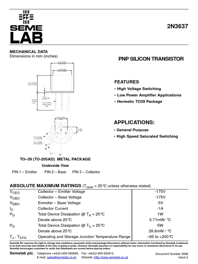2N3637 | PDF | Bipolar Junction Transistor | Electromagnetism