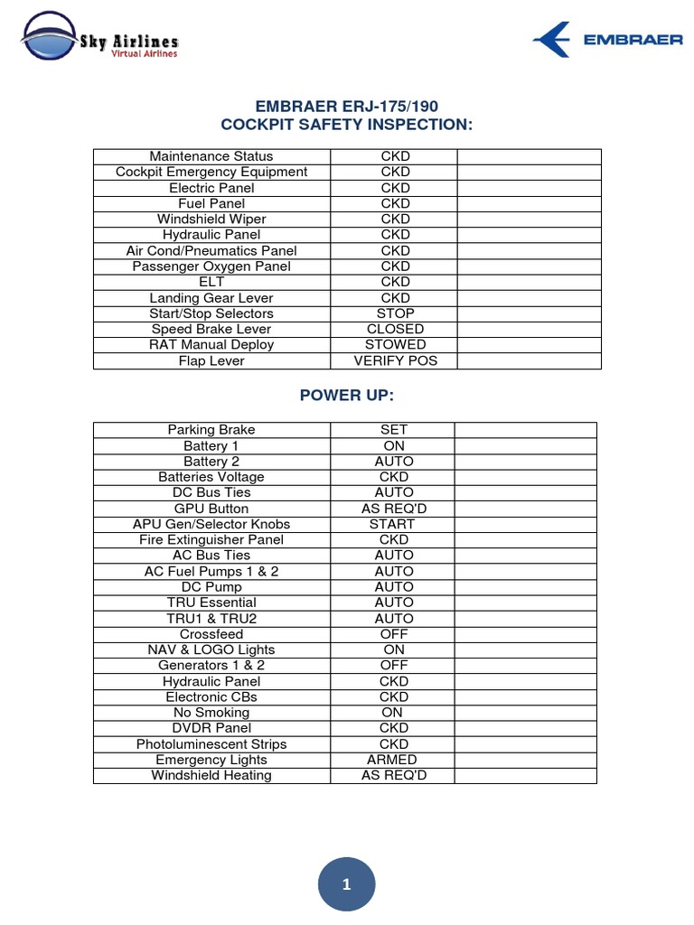 Embraer ERJ-175/190 Cockpit Safety Inspection Checklist: Verifying ...