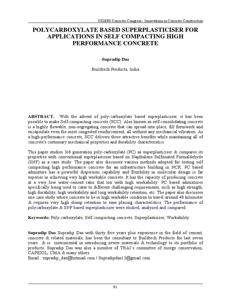 Polycarboxylate Based Superplasticiser For Applications in Self ...