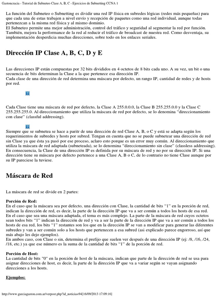 Gastoncracia - Tutorial de Subneteo Clase A, B, C - Ejercicios de Subnetting CCN PDF | PDF ...