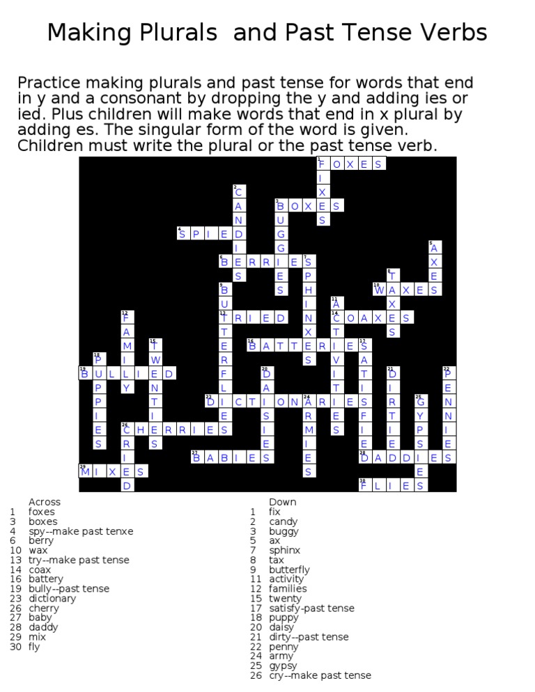 Crossword Making Plurals and Past Tense Verbs Answer Key | PDF