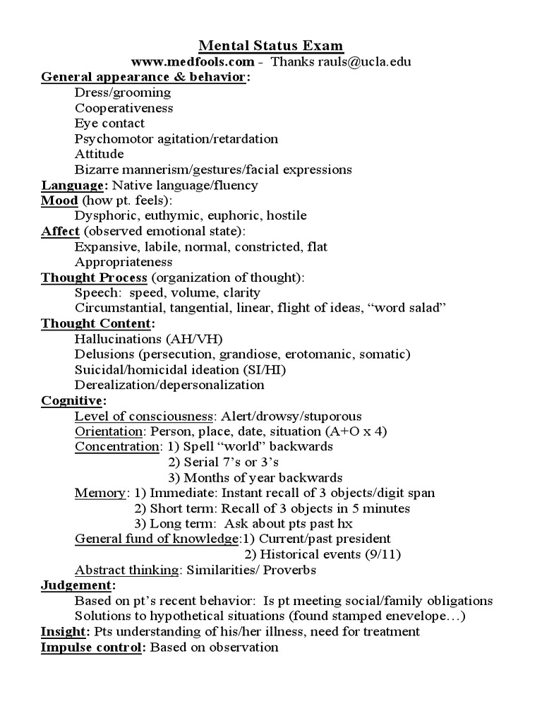 Mental Status Exam | PDF | Recall (Memory) | Affect (Psychology)