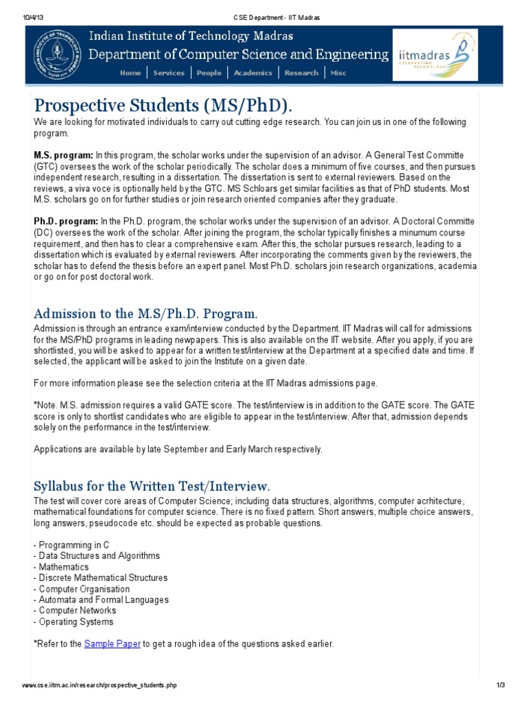 CSE Department - IIT Madras PDF | PDF | Thesis | Doctor Of Philosophy