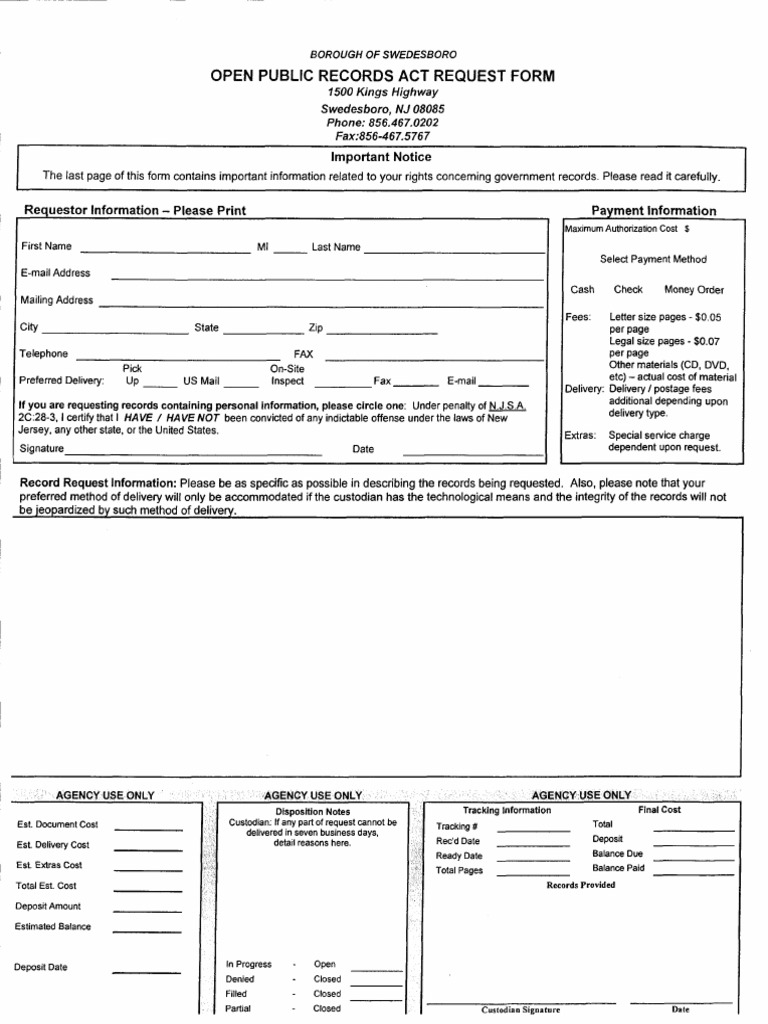 Swedesboro OPRA Request Form | PDF | Discovery (Law) | Computer Security