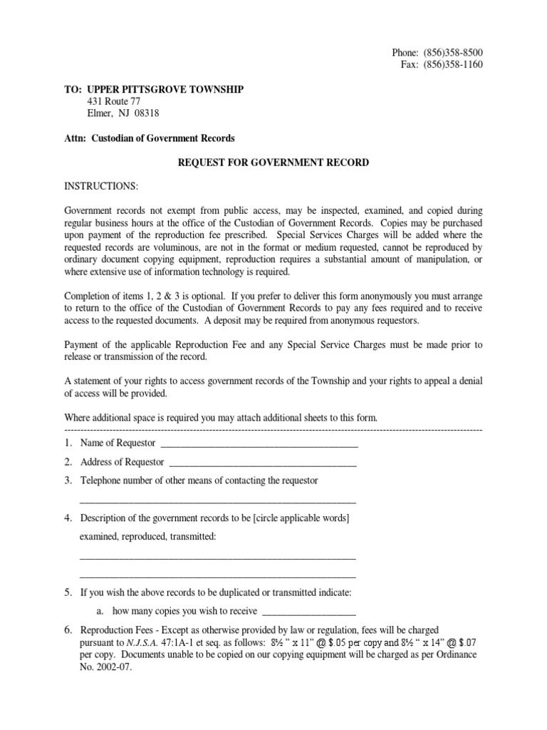 Upper Pittsgrove OPRA Request Form | Fee | Fax