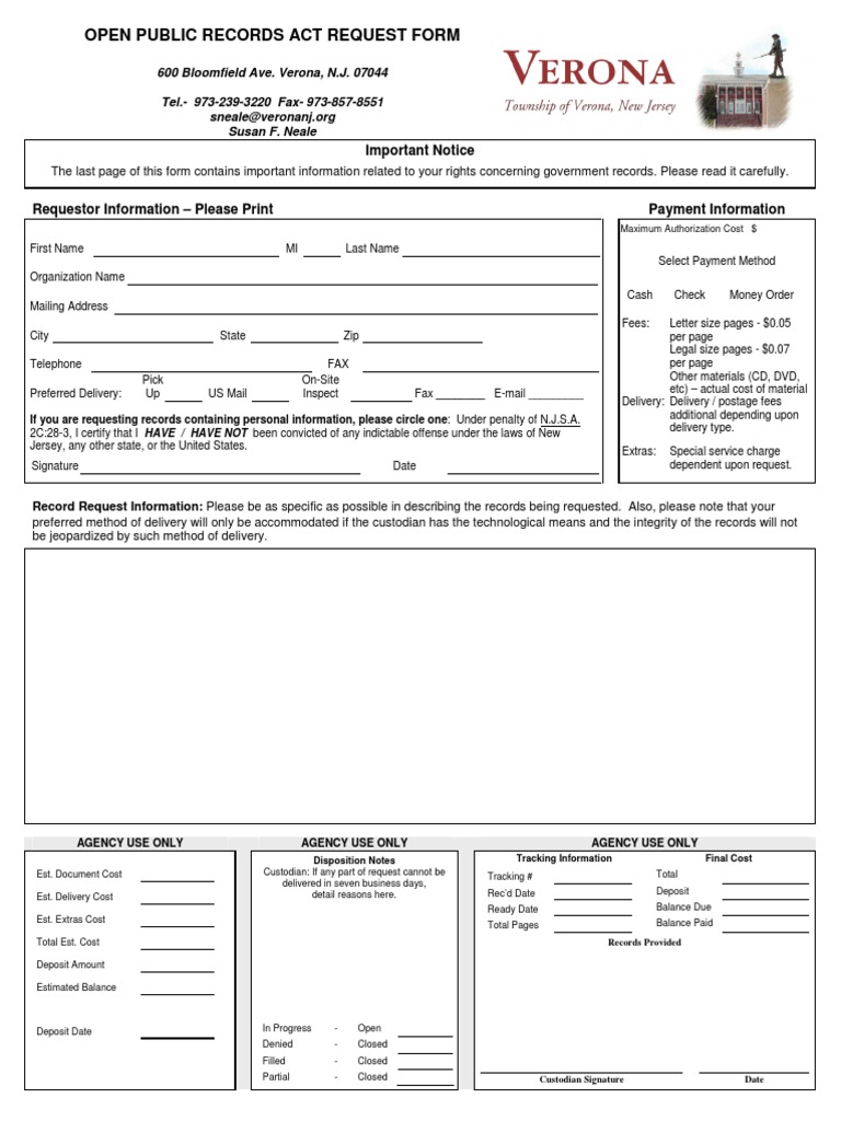 Verona OPRA Request Form | PDF | Mail | Fee