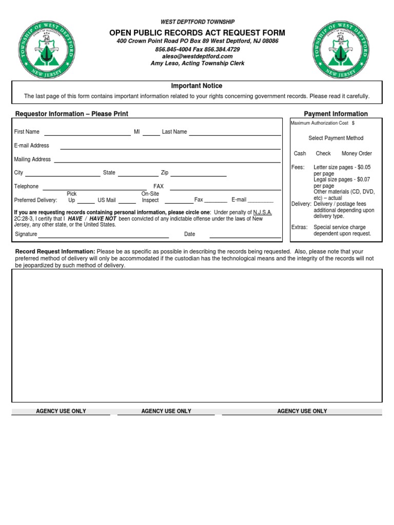 West Deptford OPRA Request Form | Online Safety & Privacy | Computer ...