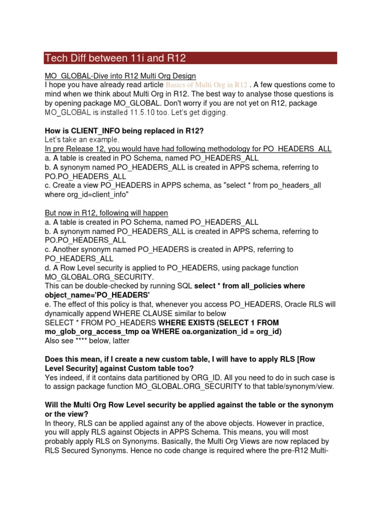 Tech Diff Between 11i and R12 - Multi Org | PDF | Oracle Database | Taxes