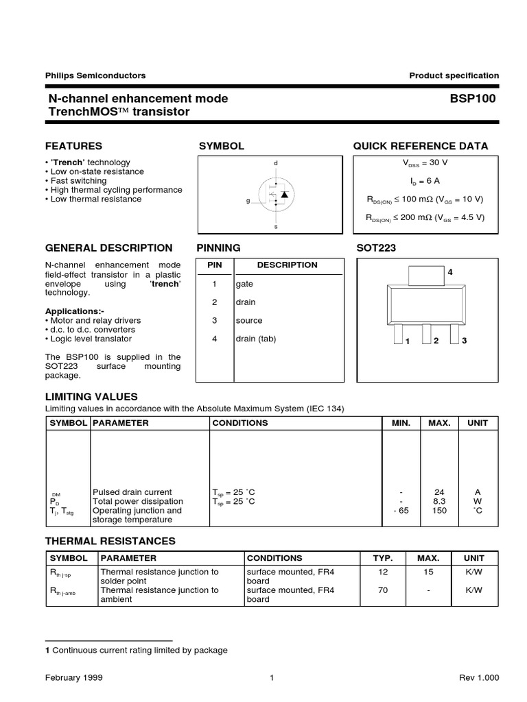 N-Channel Enhancement Mode Bsp100 Trenchmos Transistor: Features Symbol ...