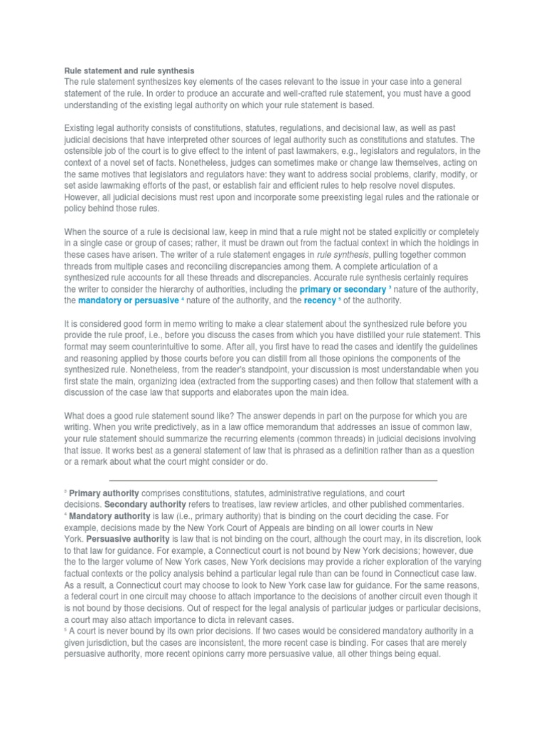 Rule Statement and Rule Synthesis | Precedent | Case Law