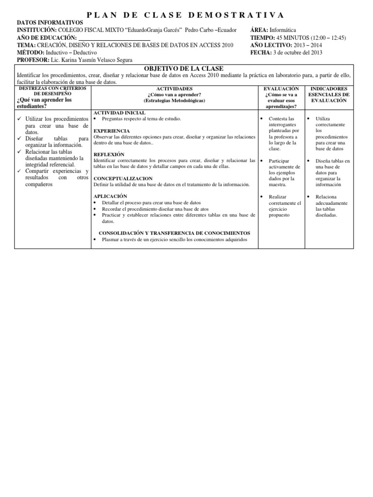 Plan de Clase Demostrativa Base de Datos | PDF