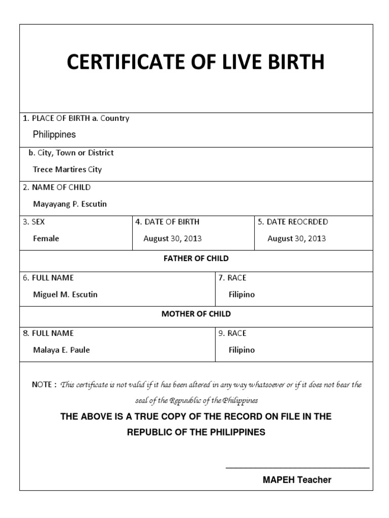 Philippines Birth Certificate August 30 2013 | PDF